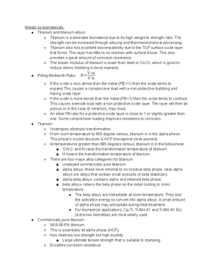 Final Exam Review - Summary Biomaterials - Ceramics Composition: Metal ...