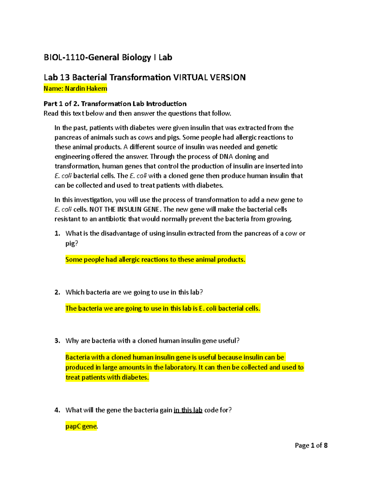 Bio Lab 5 - Professor Jessica Raab - BIOL-1110-General Biology I Lab ...