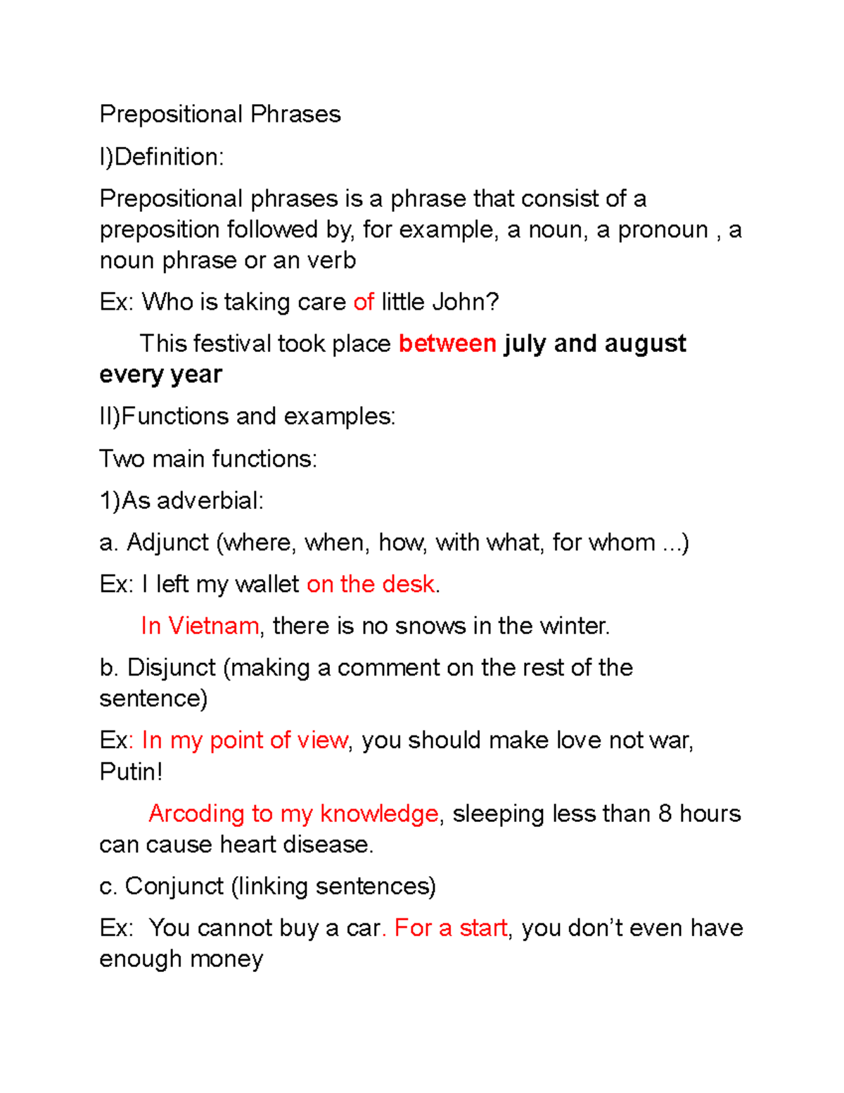 Prepositional Phrases - Prepositional Phrases I)Definition ...