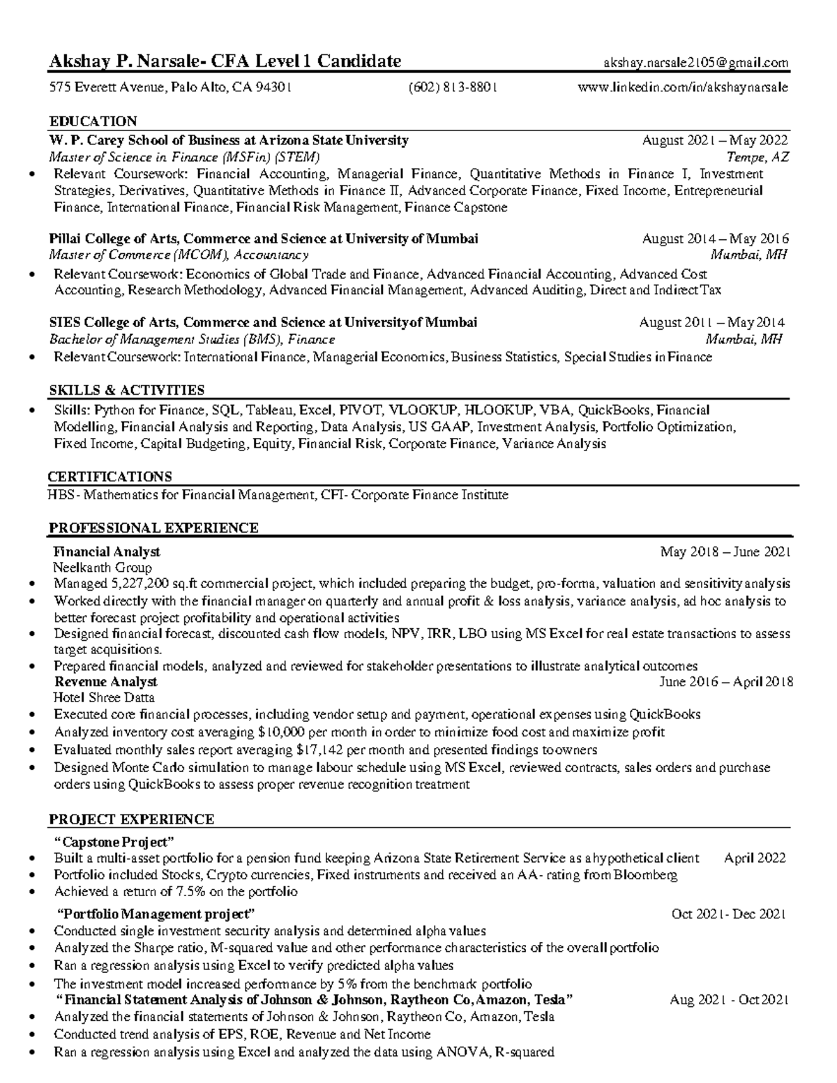 Akshay Narsale Resume - Akshay P. Narsale- CFA Level 1 Candidate akshay ...