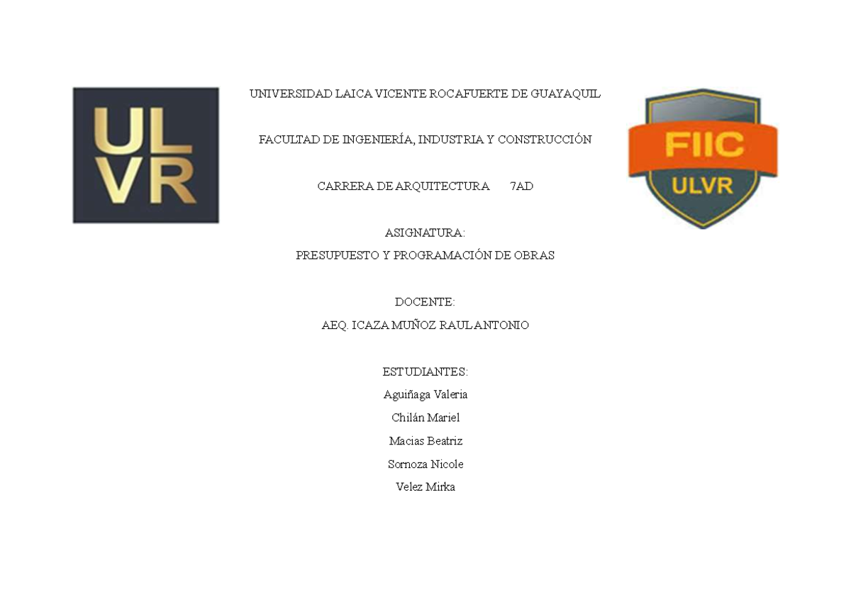 Listado de Rubros - Arquitectura - UNIVERSIDAD LAICA VICENTE ROCAFUERTE DE GUAYAQUIL FACULTAD DE ...
