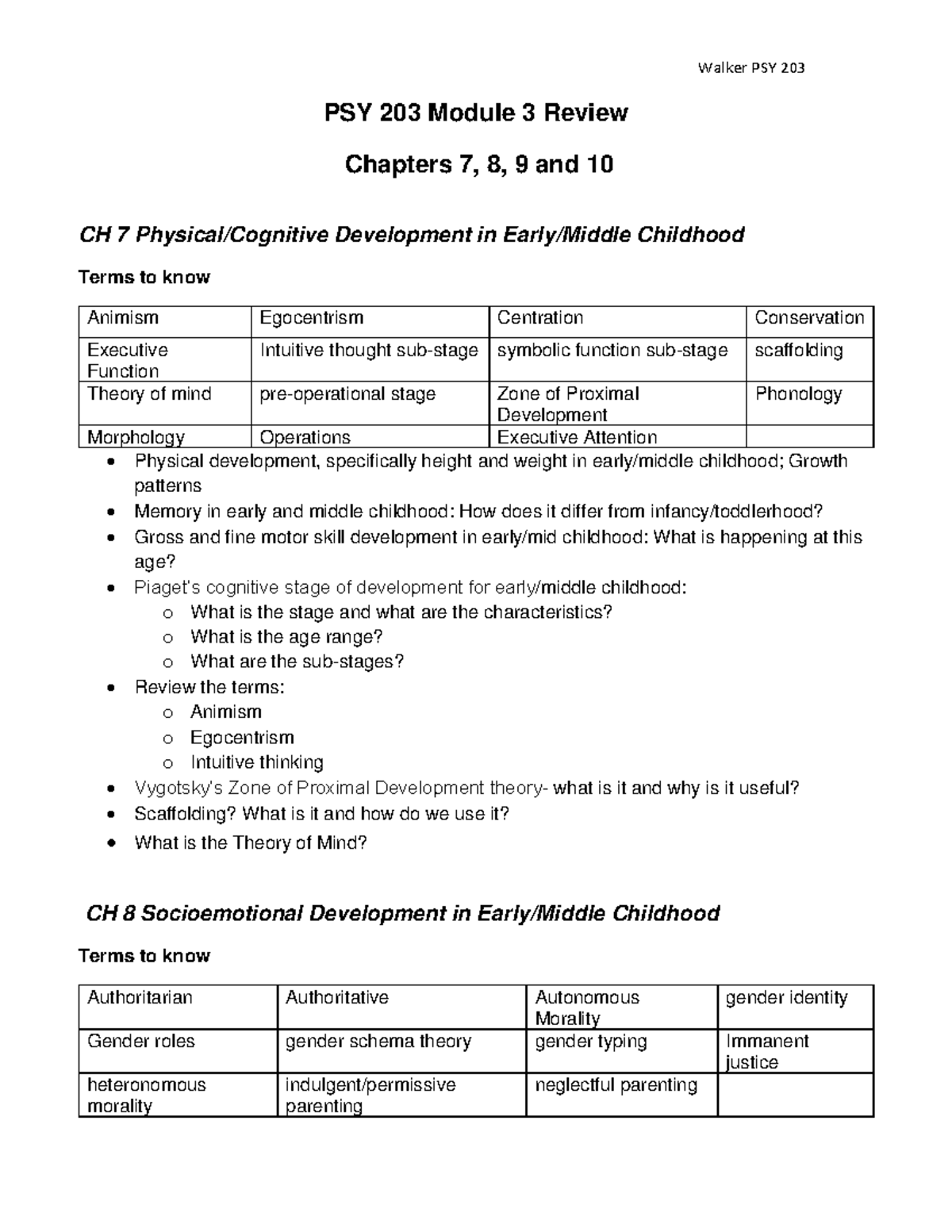 Module 3 review CH 7 8 9 and 10 - Walker PSY 203 PSY 203 Module 3 ...