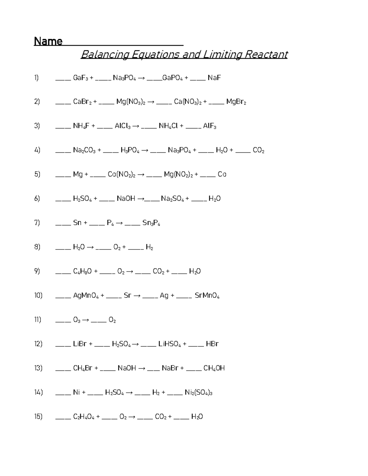 Extra Practice Balancing and LR - Name Balancing Equations and Limiting ...