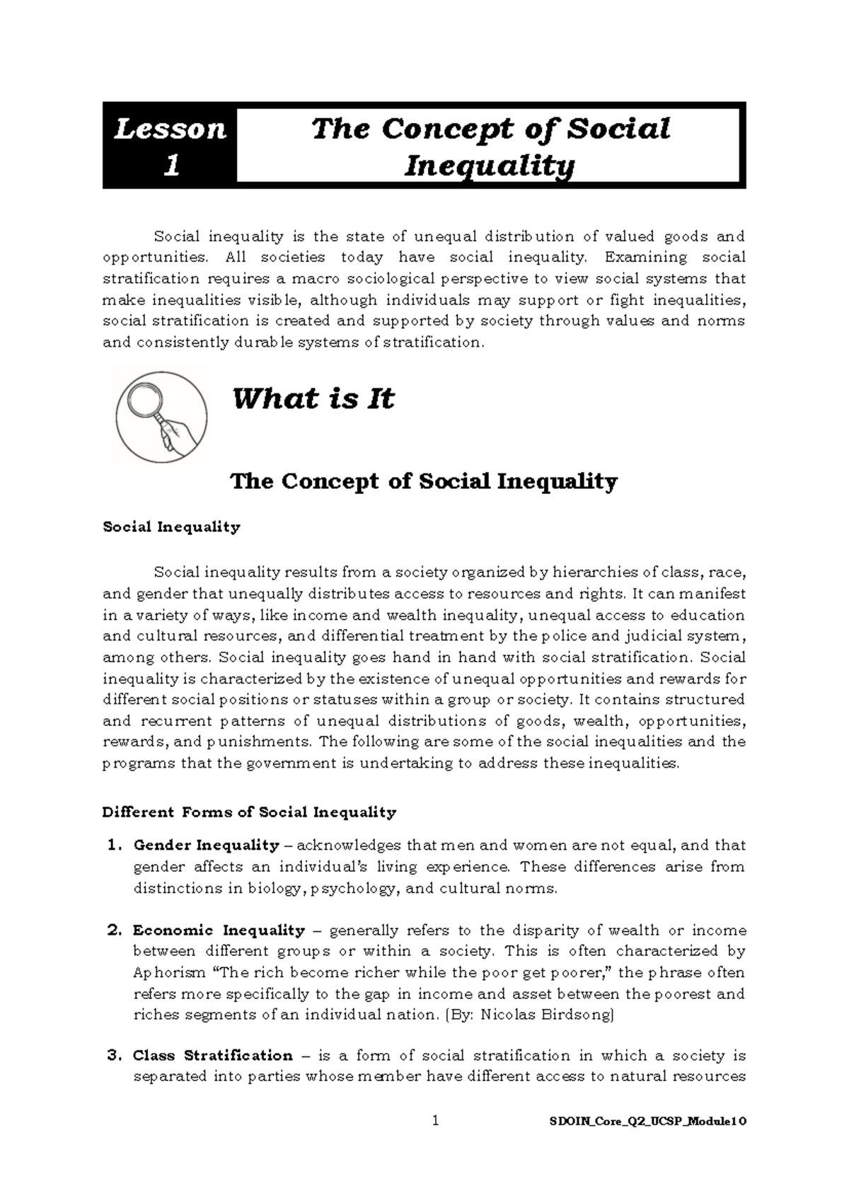 4 - NOTES ABOUT SOCIAL INEQUALITIES - Lesson 1 The Concept of Social ...
