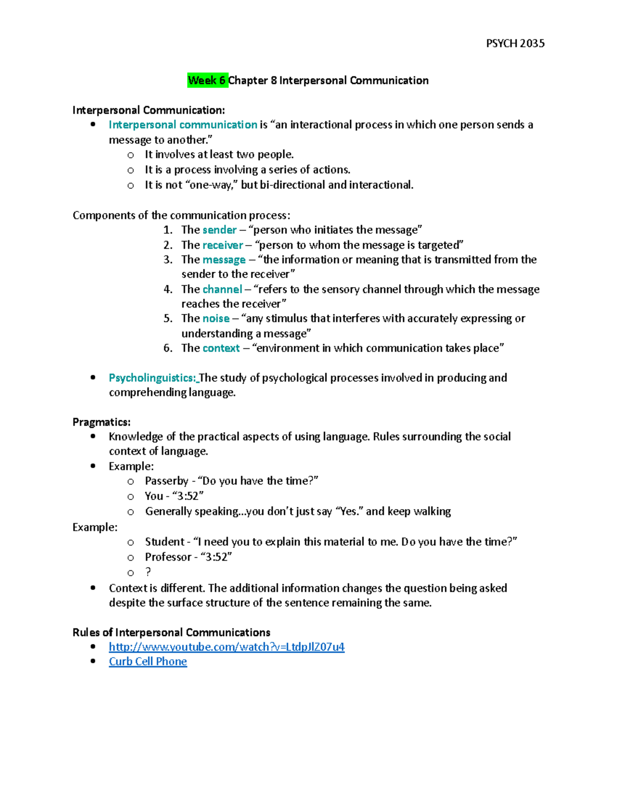Psych 2035 Week 6-8 - Week 6 Chapter 8 Interpersonal Communication ...