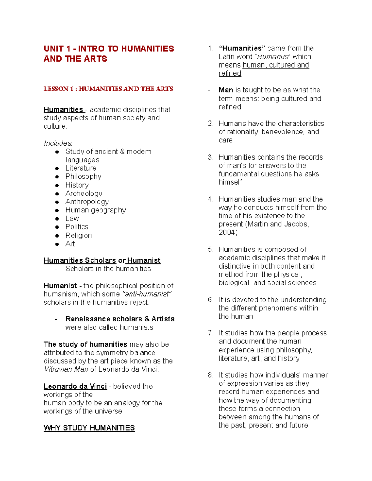 Reviewer SA ART Appre ALL Units - UNIT 1 - INTRO TO HUMANITIES AND THE ...