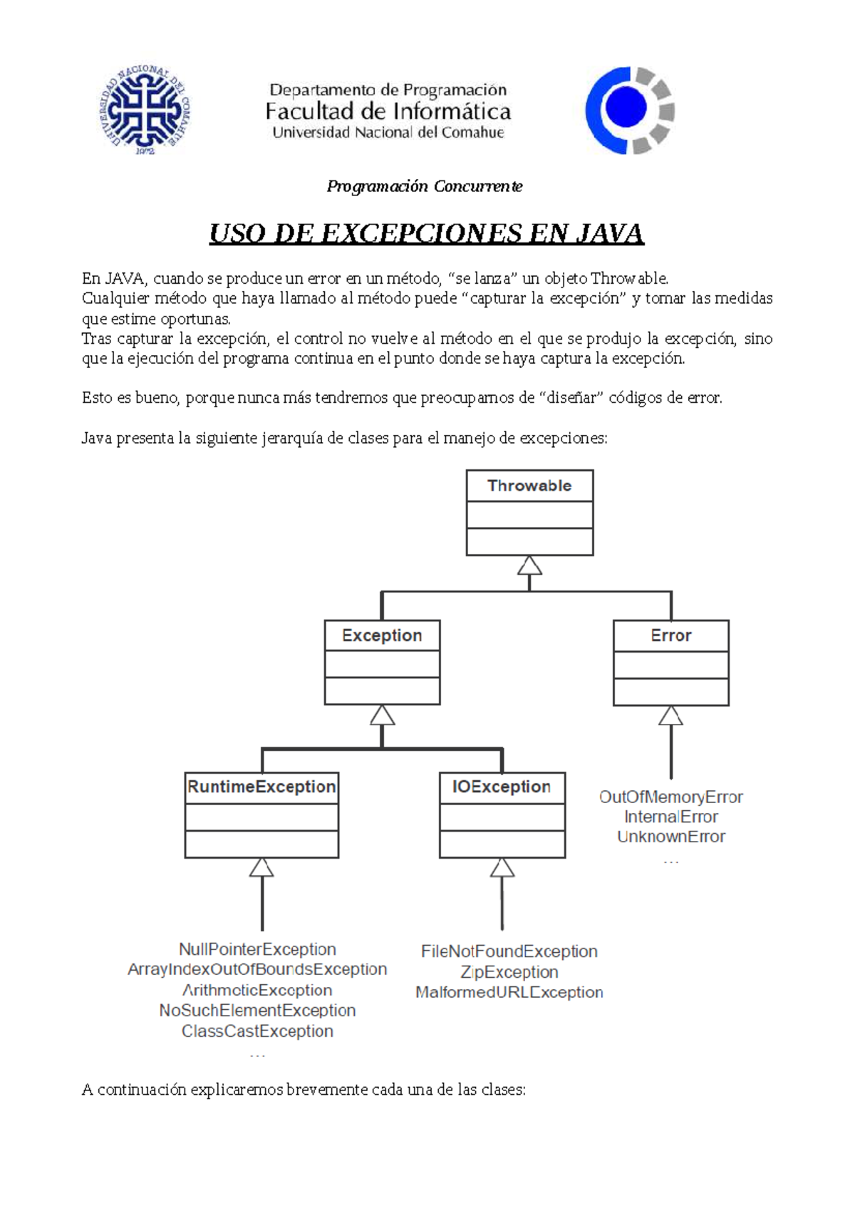 Apunte Excepciones Java - Concurrente USO DE EXCEPCIONES EN JAVA En ...