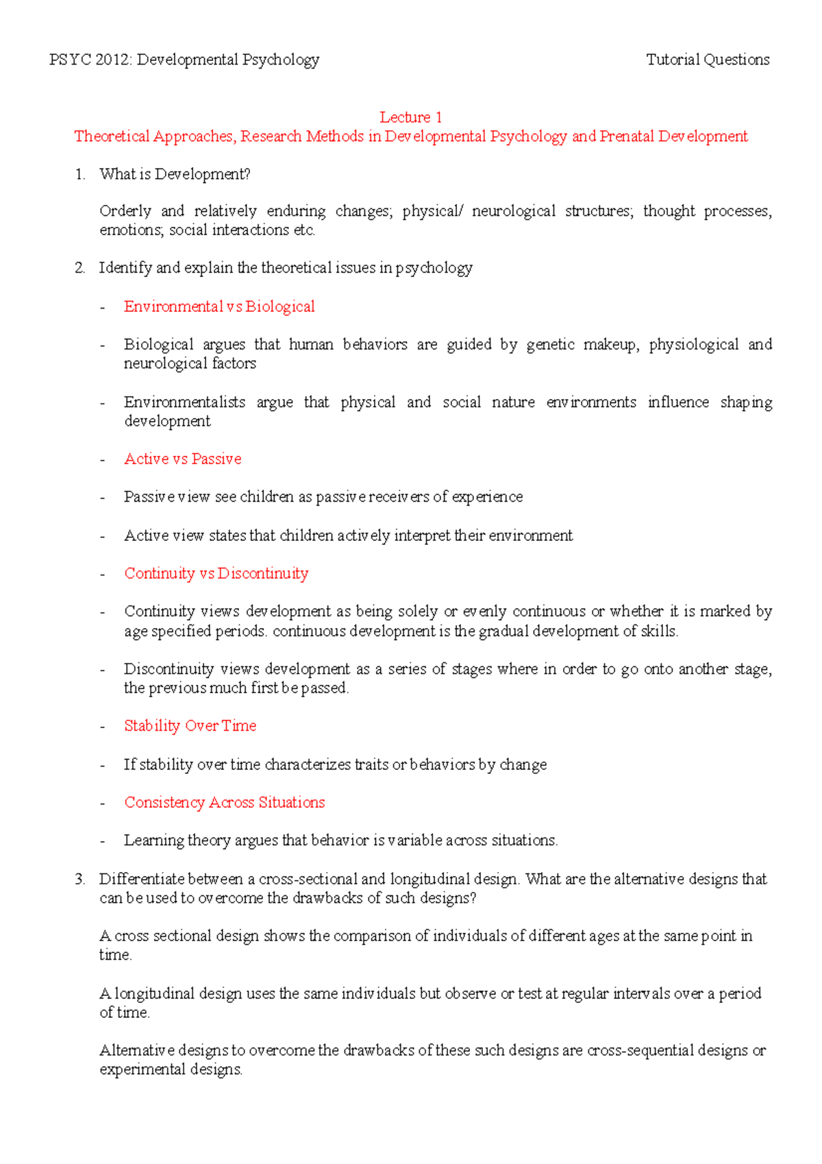 PSYC 2012 Tutorial Answers - PSYC 2012: Developmental Psychology Tutorial Questions Lecture 1 ...