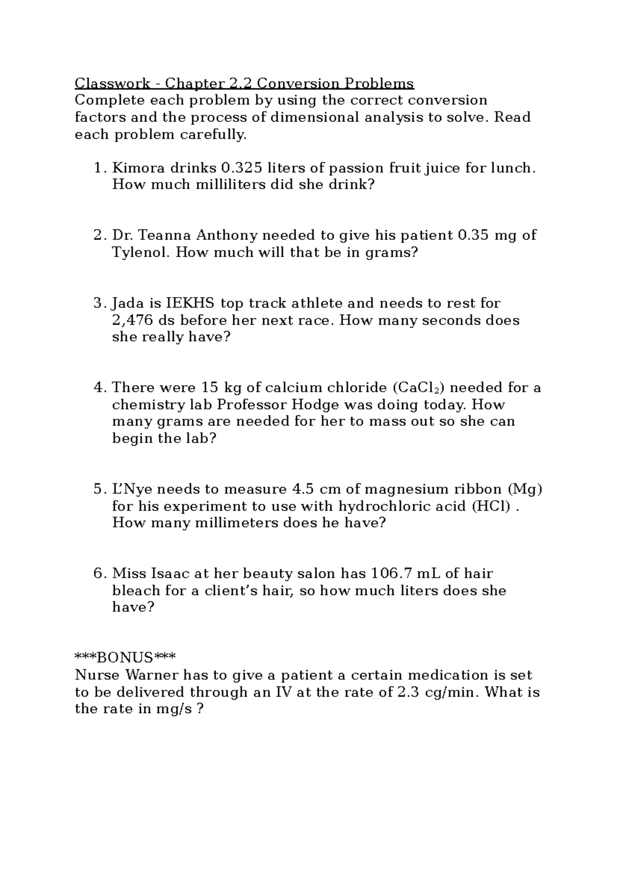 Chemistry Classwork: Conversions Practice Document - Classwork ...