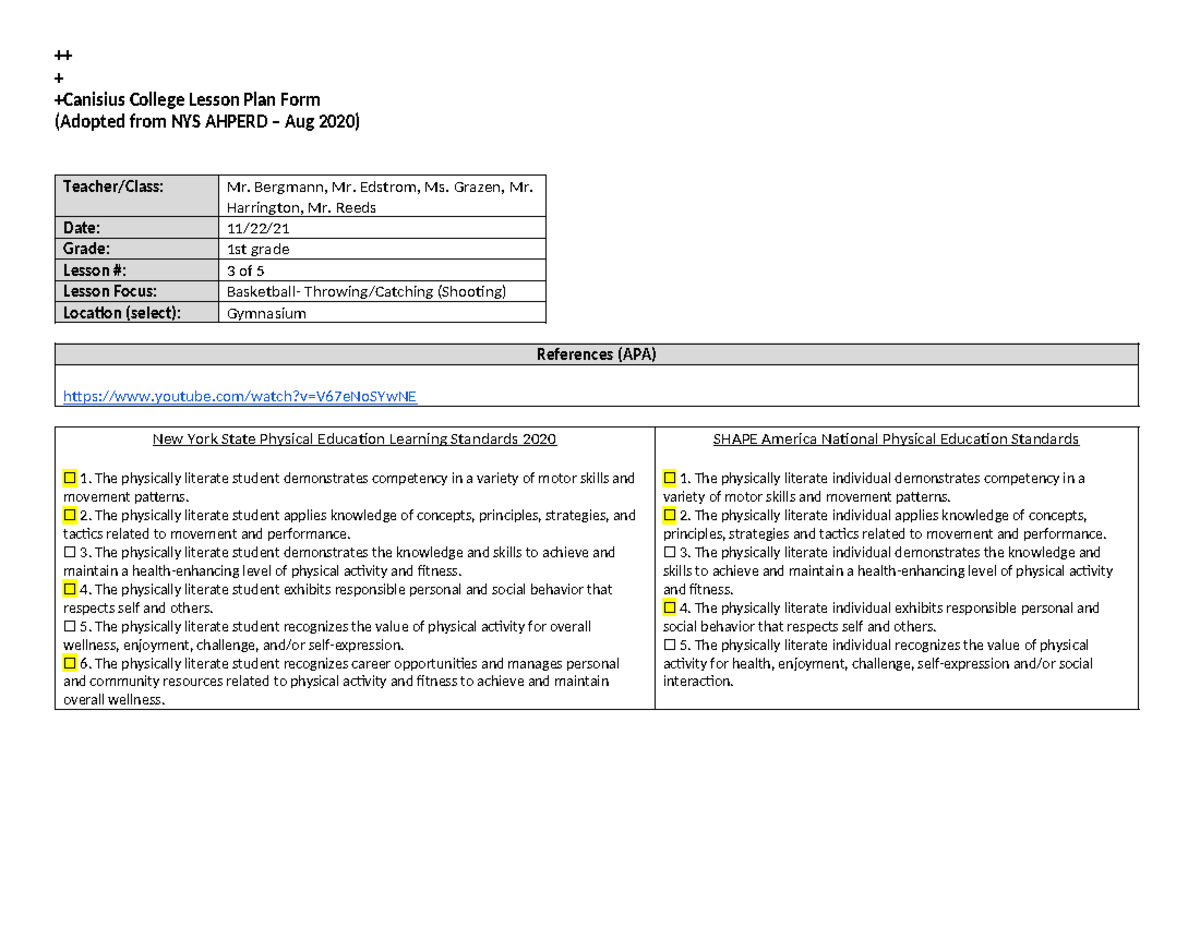 APE Lesson Plan - ++ + +Canisius College Lesson Plan Form (Adopted from ...
