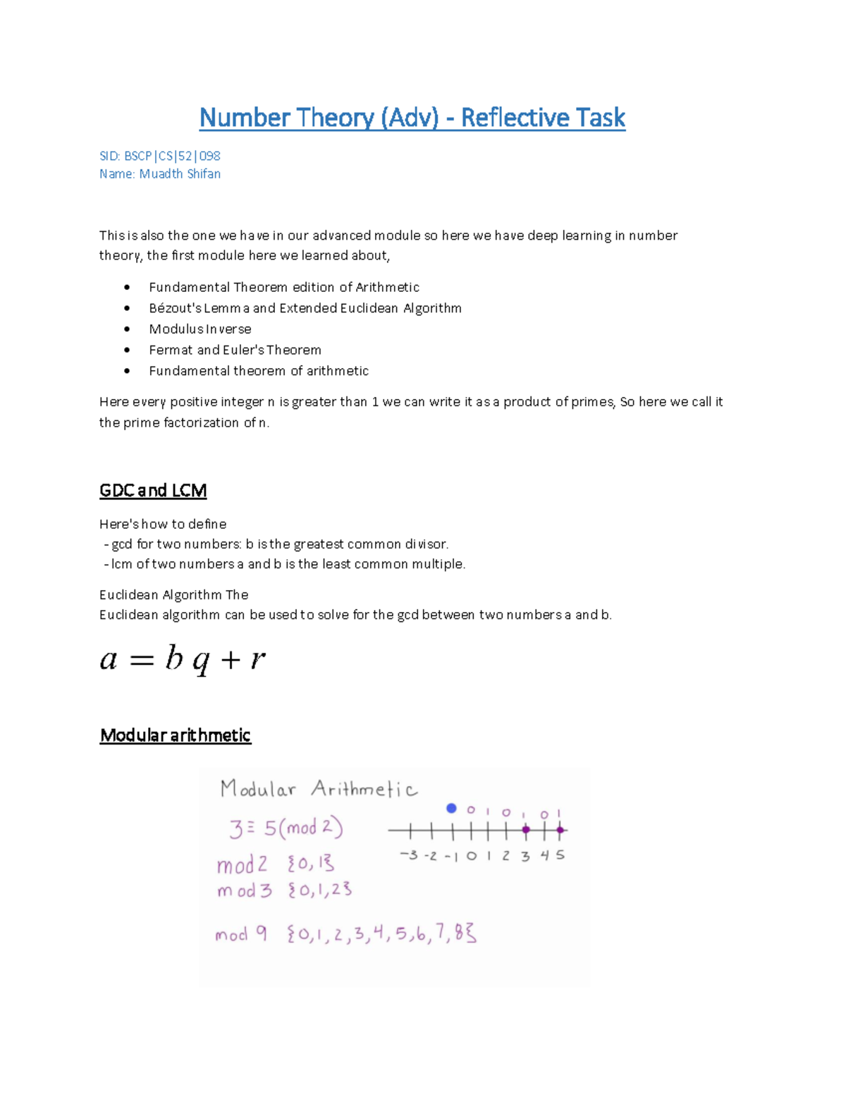 Advance Number Theory (Muadth Shifan - BSCP CS 52 098 ) - Number Theory (Adv) - Reflective Task ...
