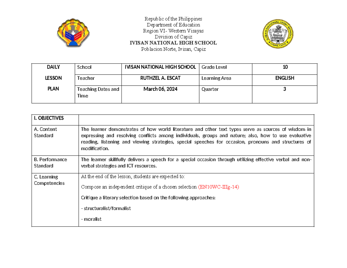 Critique lesson plan - Department of Education Region VI- Western ...