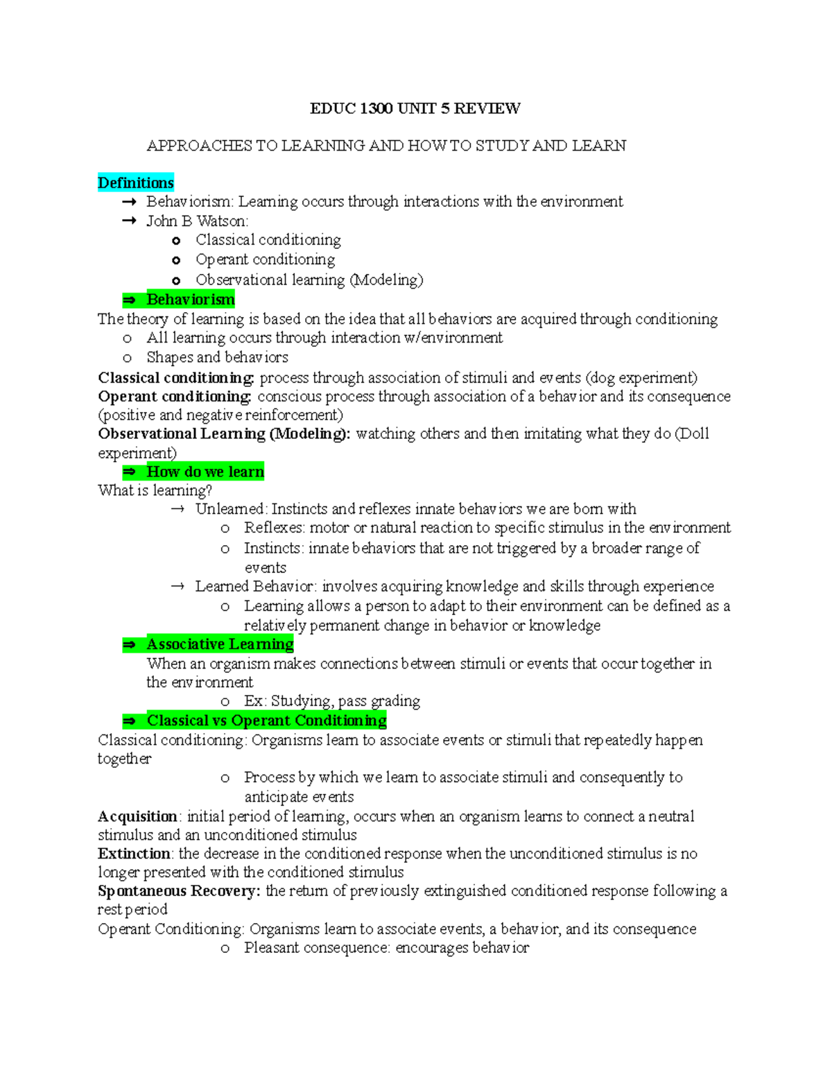 EDUC 1300 UNIT 5 Review - EDUC 1300 UNIT 5 REVIEW APPROACHES TO ...