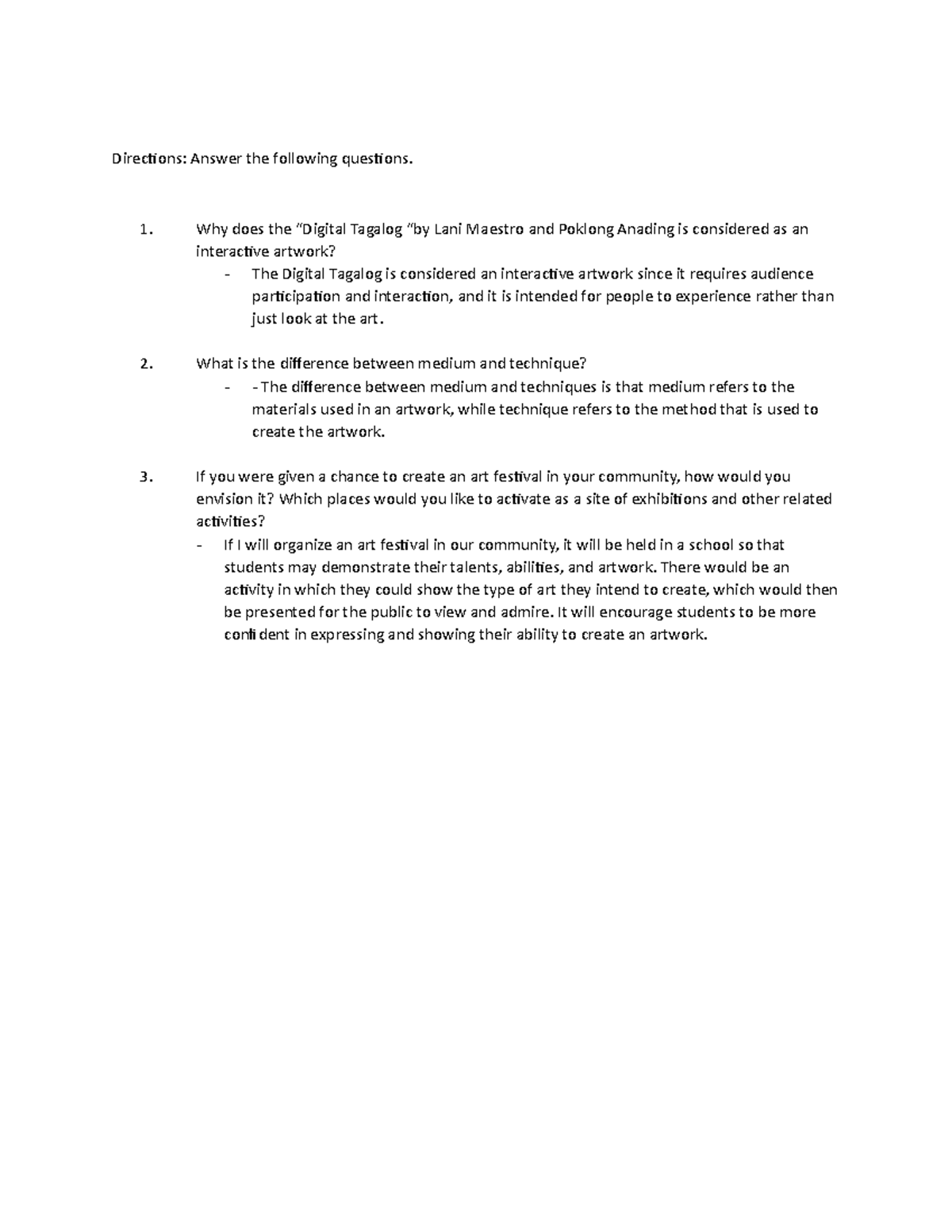 Activity 3 (contemporary arts) - Directions: Answer the following ...