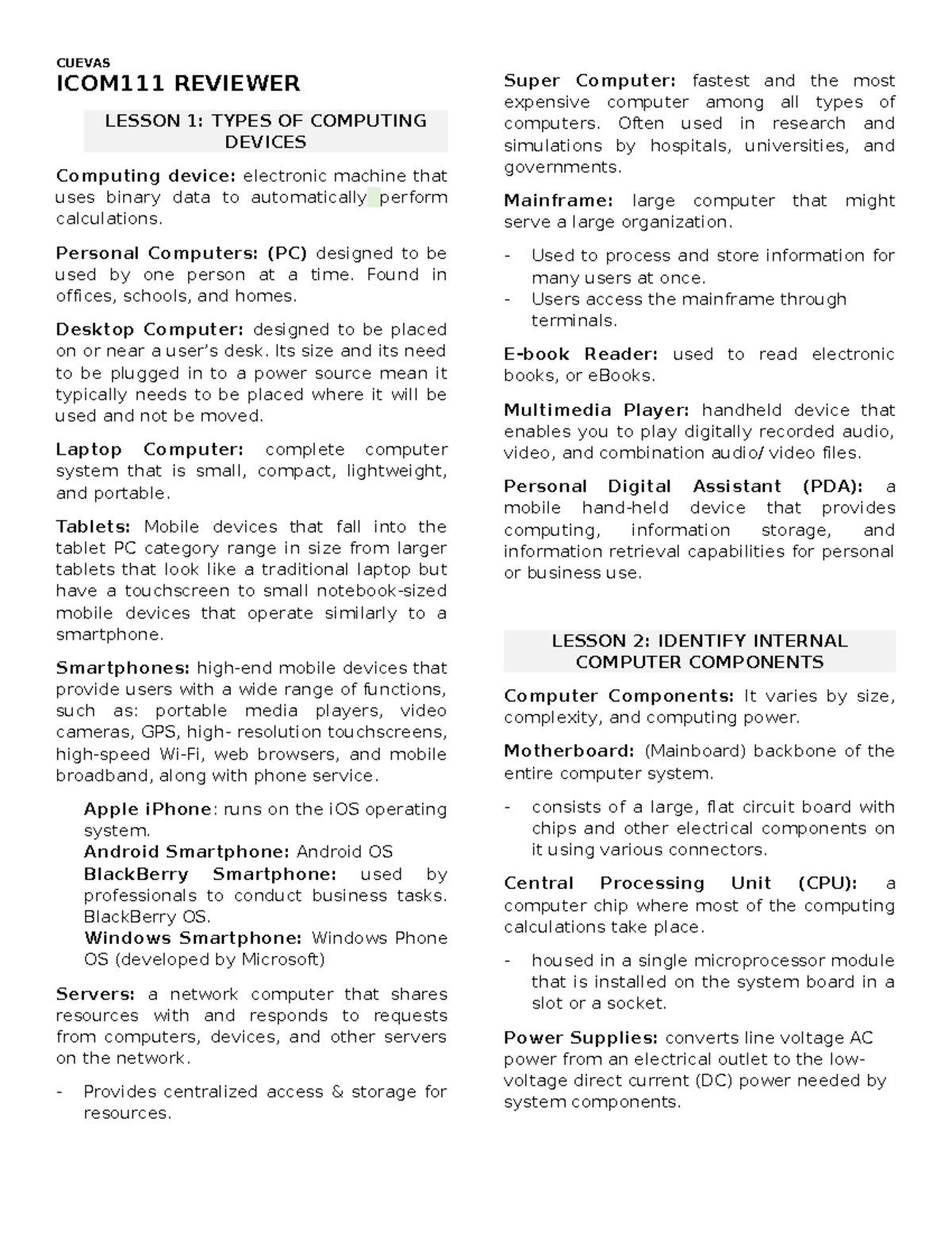 ICOM111 Reviewer - ICOM111 REVIEWER LESSON 1: TYPES OF COMPUTING ...