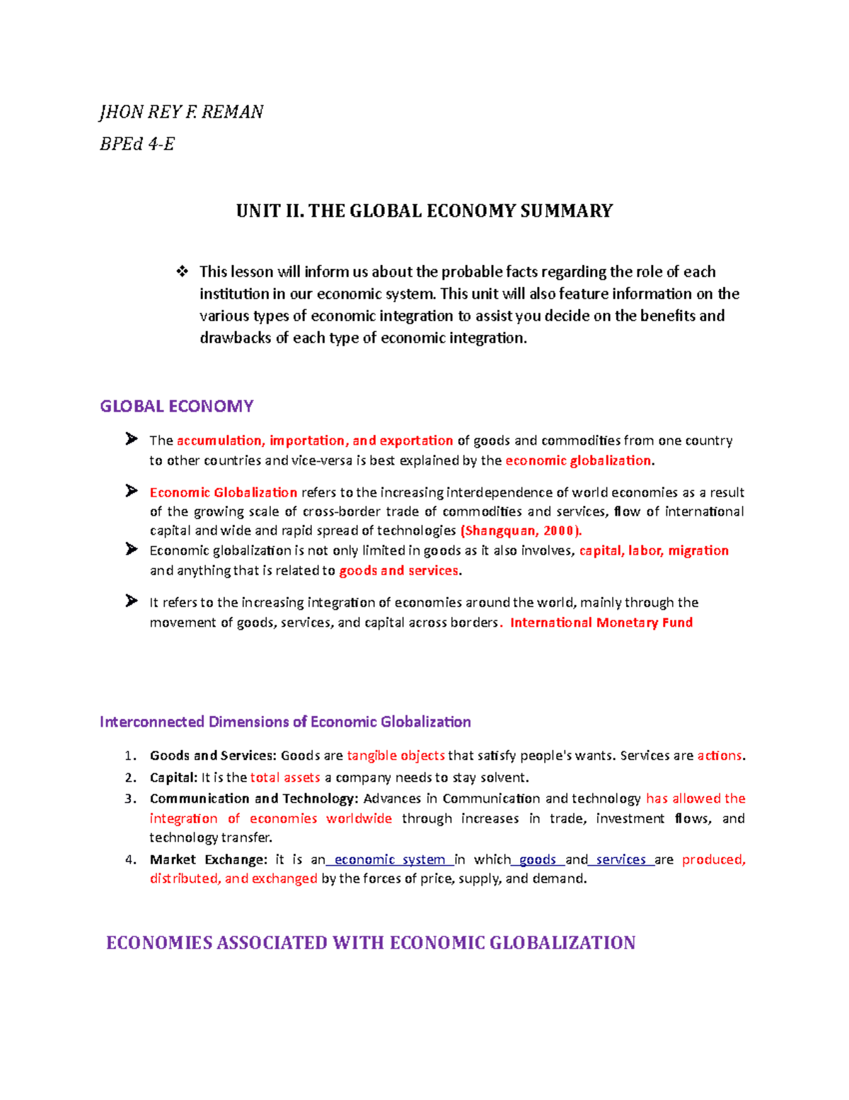 Global Economy Summary UNIT II JHON REY Reman. BPED 4-E - JHON REY F ...