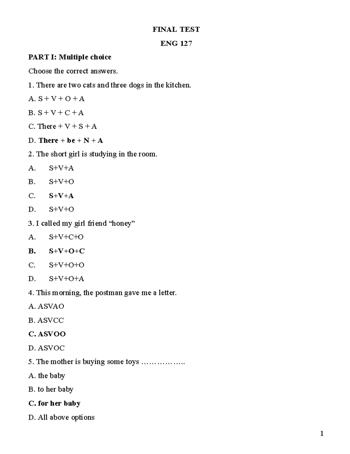 KEY Final TEST ENG127 2020S 1 - FINAL TEST ENG 127 PART I: Multiple ...