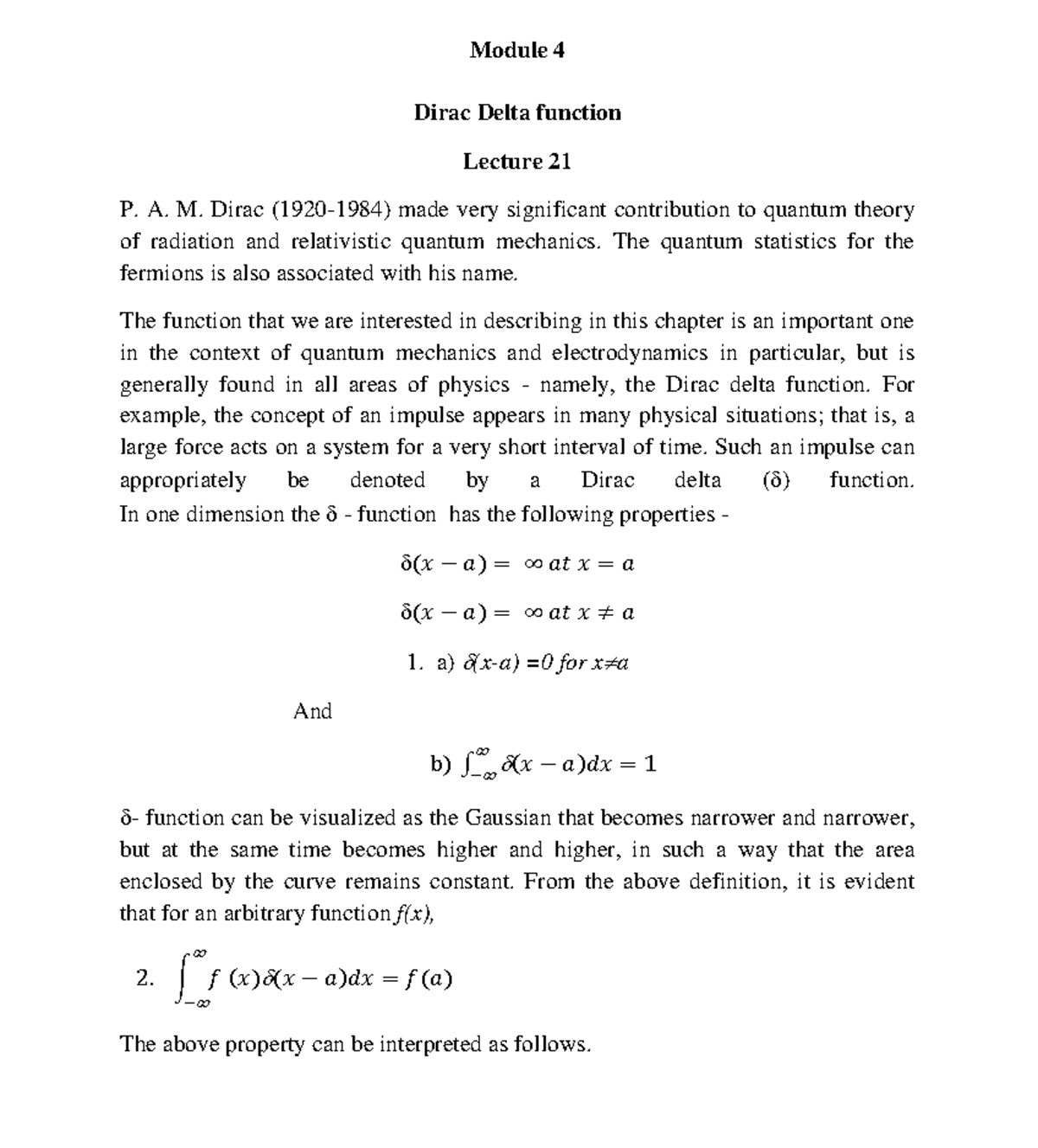Lec21 Dirac Delta function - – Module 4 Dirac Delta function Lecture 21 ...