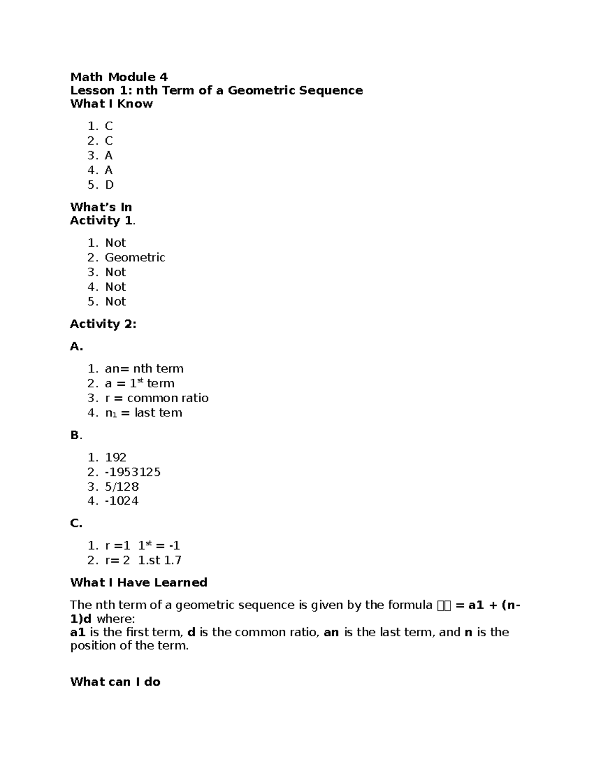(done) math module 4 - Math Module 4 Lesson 1: nth Term of a Geometric ...