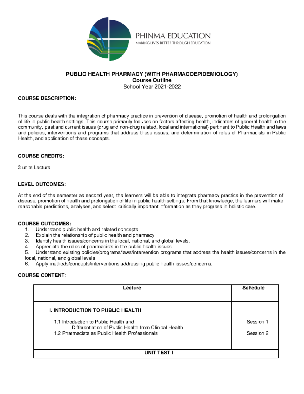 PHA 062 - Public Health Pharmacy (with Pharmacoepidemiology) Session 1 ...