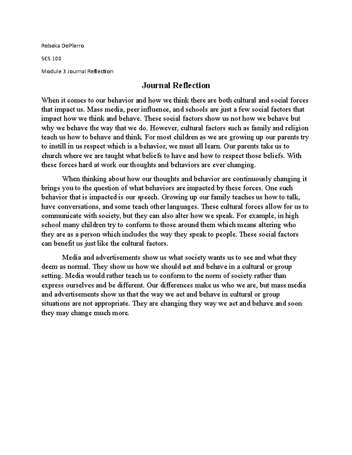 Module 3 Journal Refelction - Rebeka DePierro SCS 100 Module 3 Journal ...