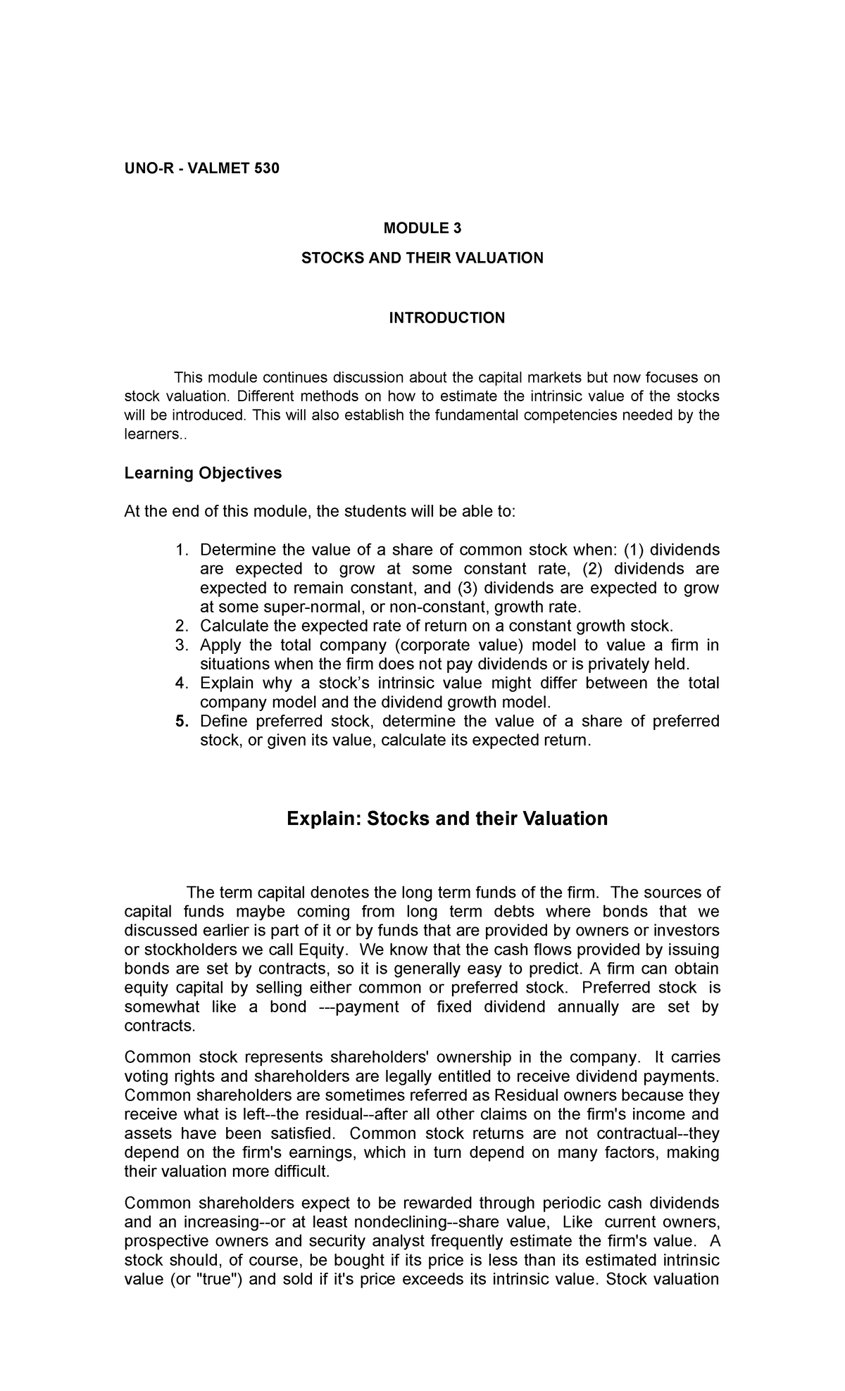 Valmet 530. Module 4 - Valuation OF Stocks - UNO-R - VALMET 530 MODULE ...