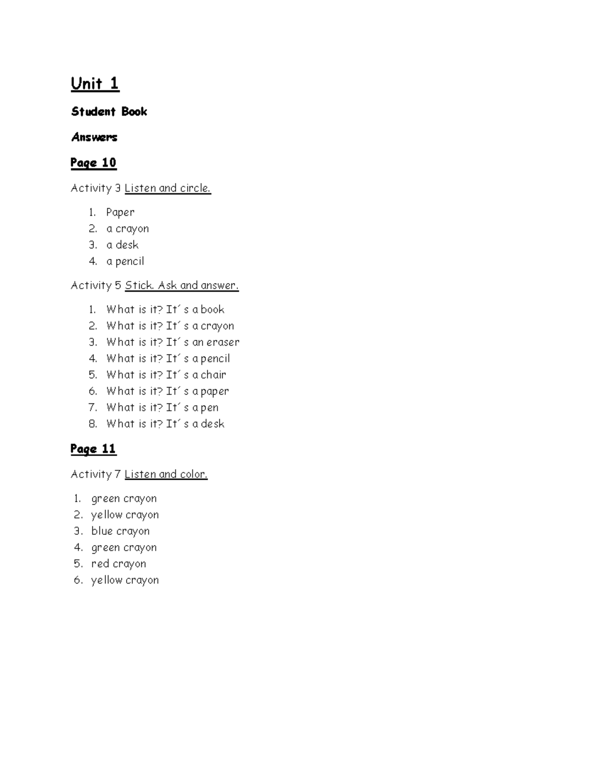 BEG A 1er Grado Unit 1 - Unit 1 Student Book Answers Page 10 Activity 3 ...