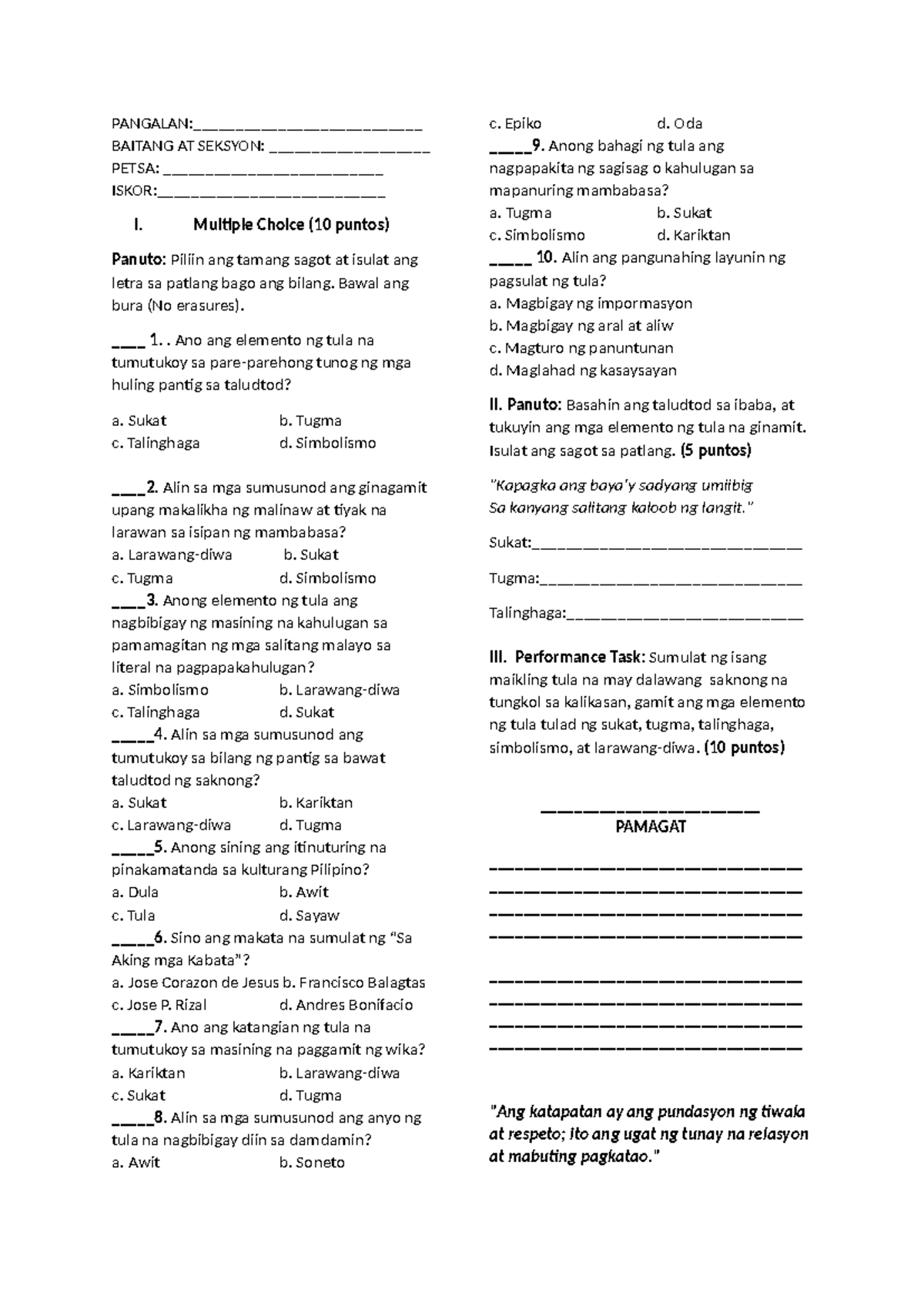 TULA EXAM - ksafhijjhdaifhskj - PANGALAN:___________________________ BAITANG AT SEKSYON: - Studocu