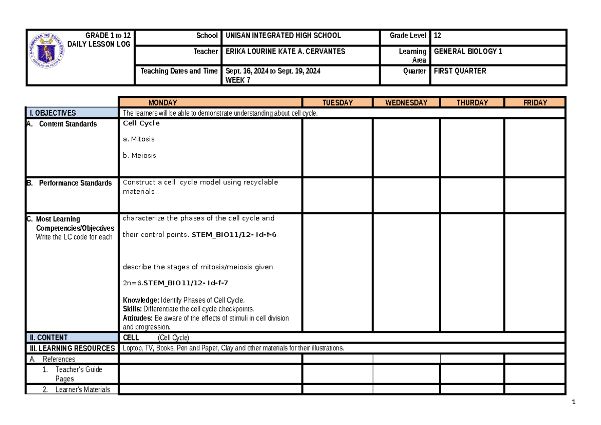 DLL Cell Cycle - Gen Bio - GRADE 1 to 12 DAILY LESSON LOG School UNISAN ...