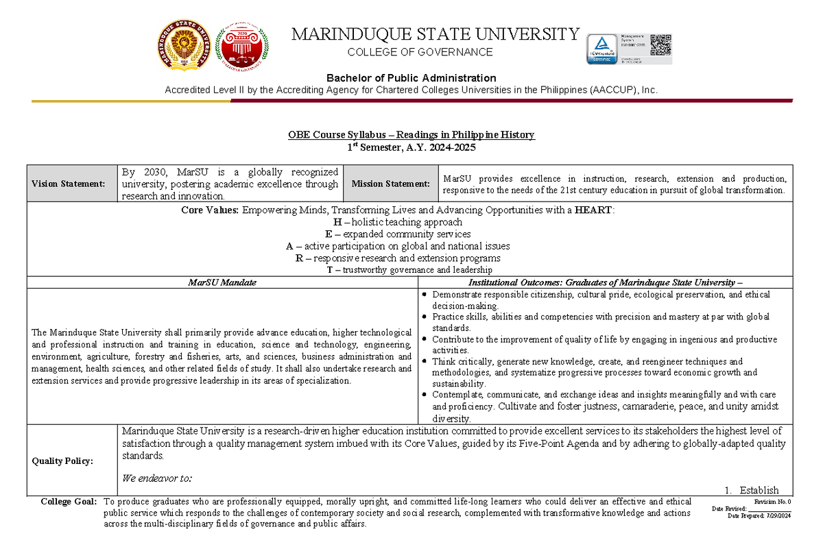 OBE Course Syllabus-Reading-in-Philippine-History - College Goal: To ...