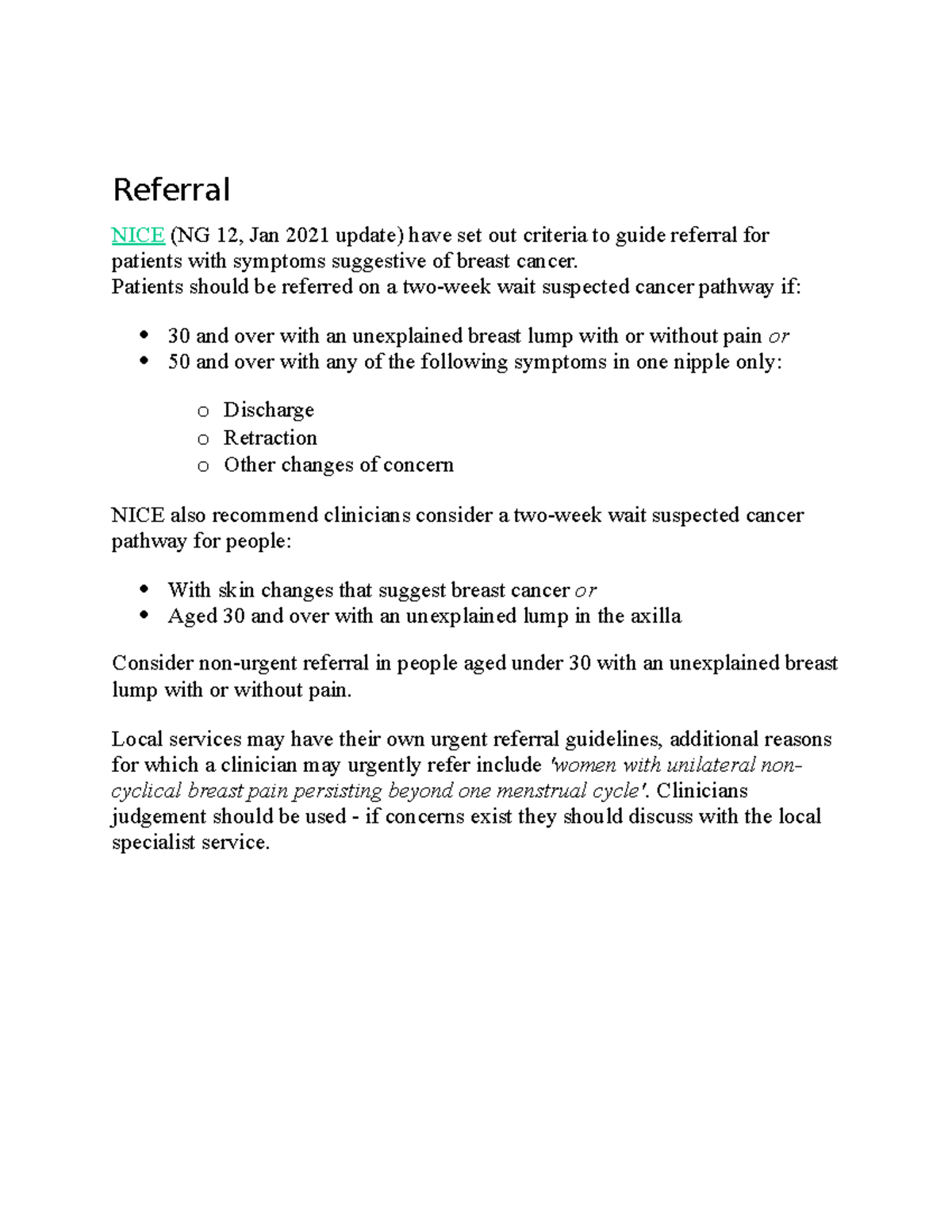 Referral of breast cancer - Referral NICE (NG 12, Jan 2021 update) have ...