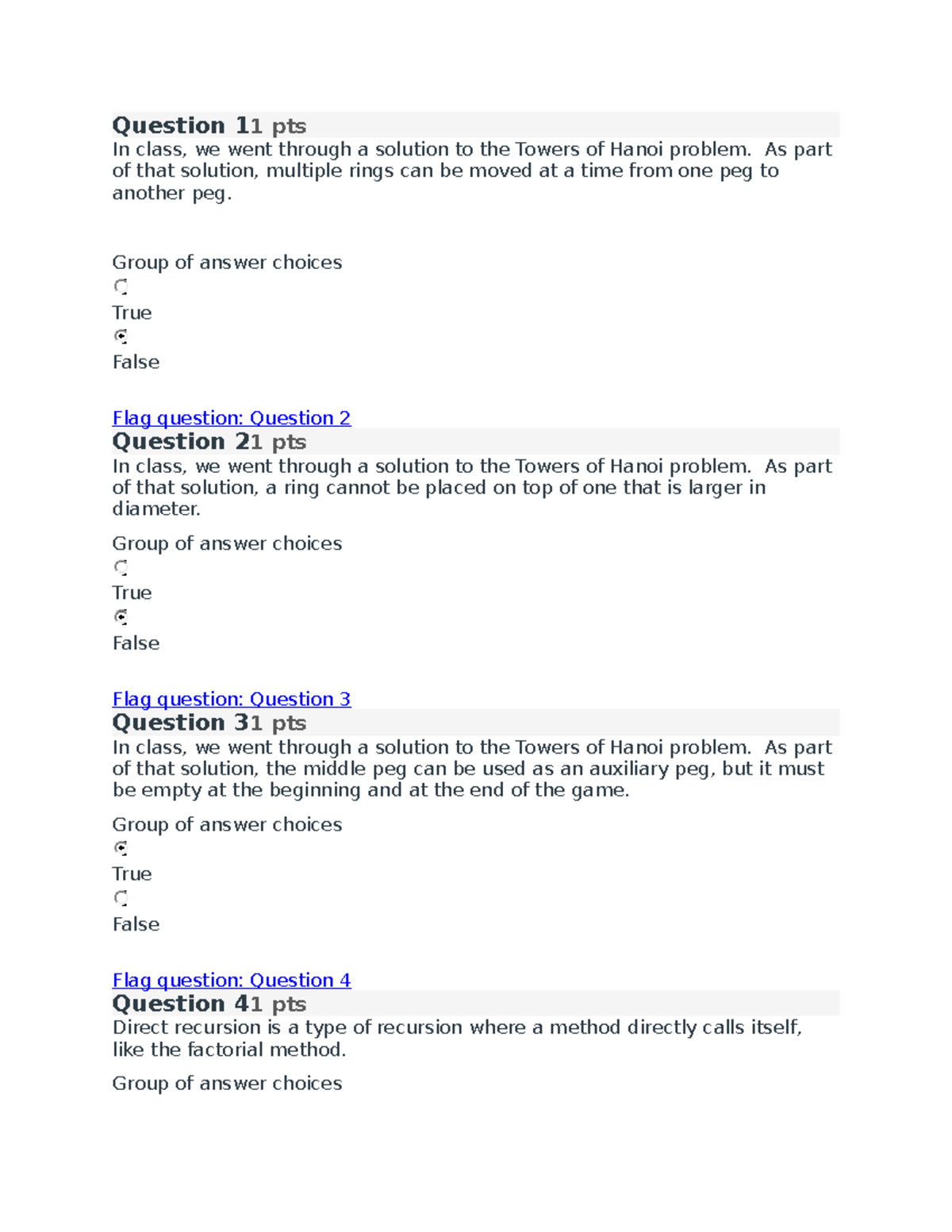 Quiz 5 Recursion Quiz Question 11 Pts In Class We Went Through A Solution To The Towers Of