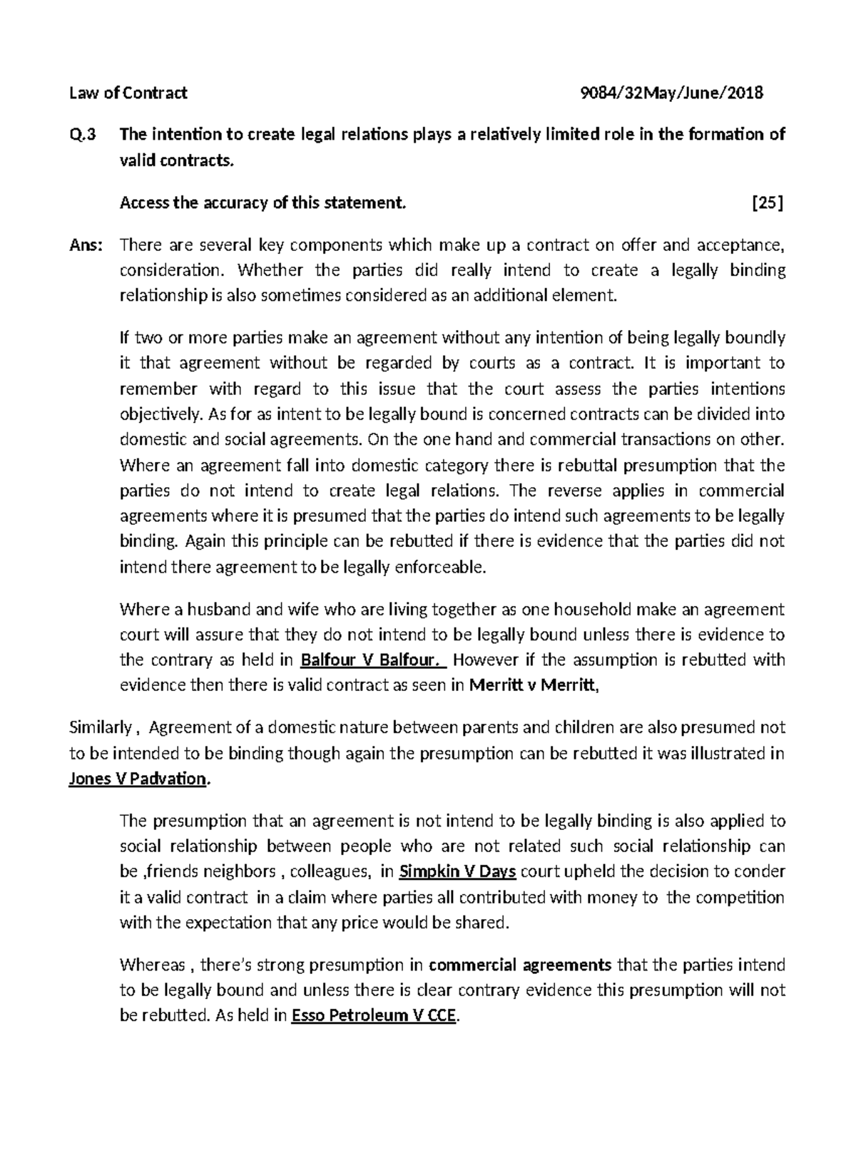 Intention -Essay - law 9084 - Law of Contract 9084/32May/June/ Q The ...