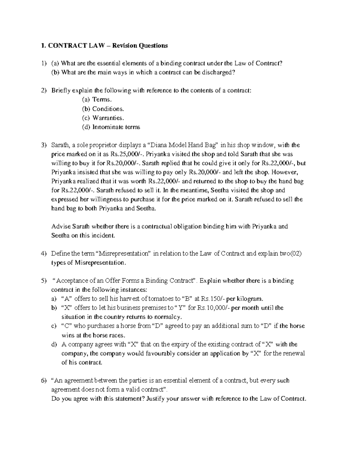Contract law-revision questions - CONTRACT LAW – Revision Questions (a ...