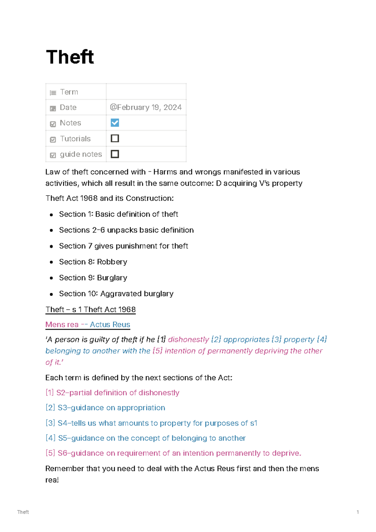 Theft - criminal law - Theft Term Date Notes Tutorials guide notes Law ...
