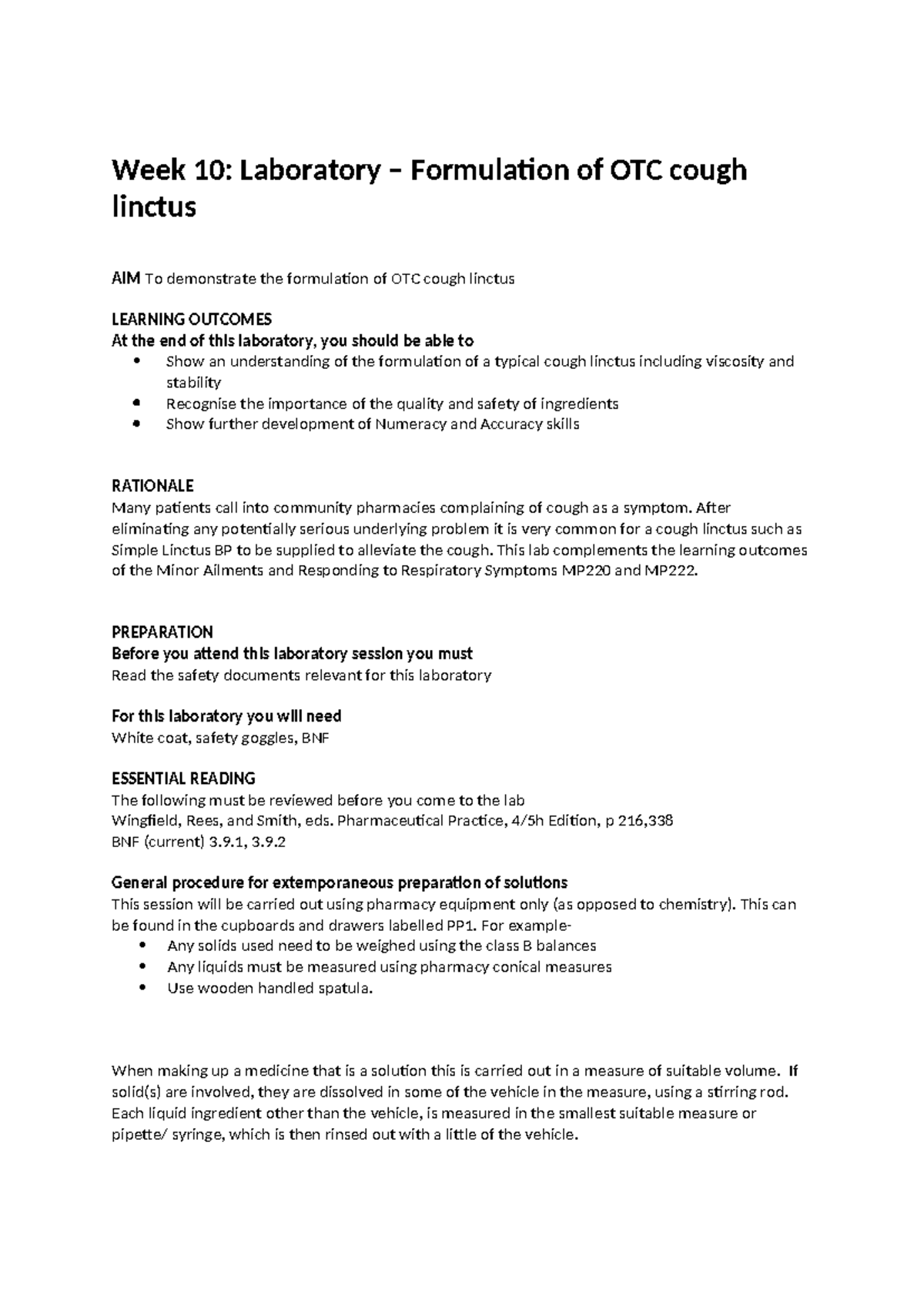Week 10 Simple linctus lab - Week 10: Laboratory – Formulation of OTC ...