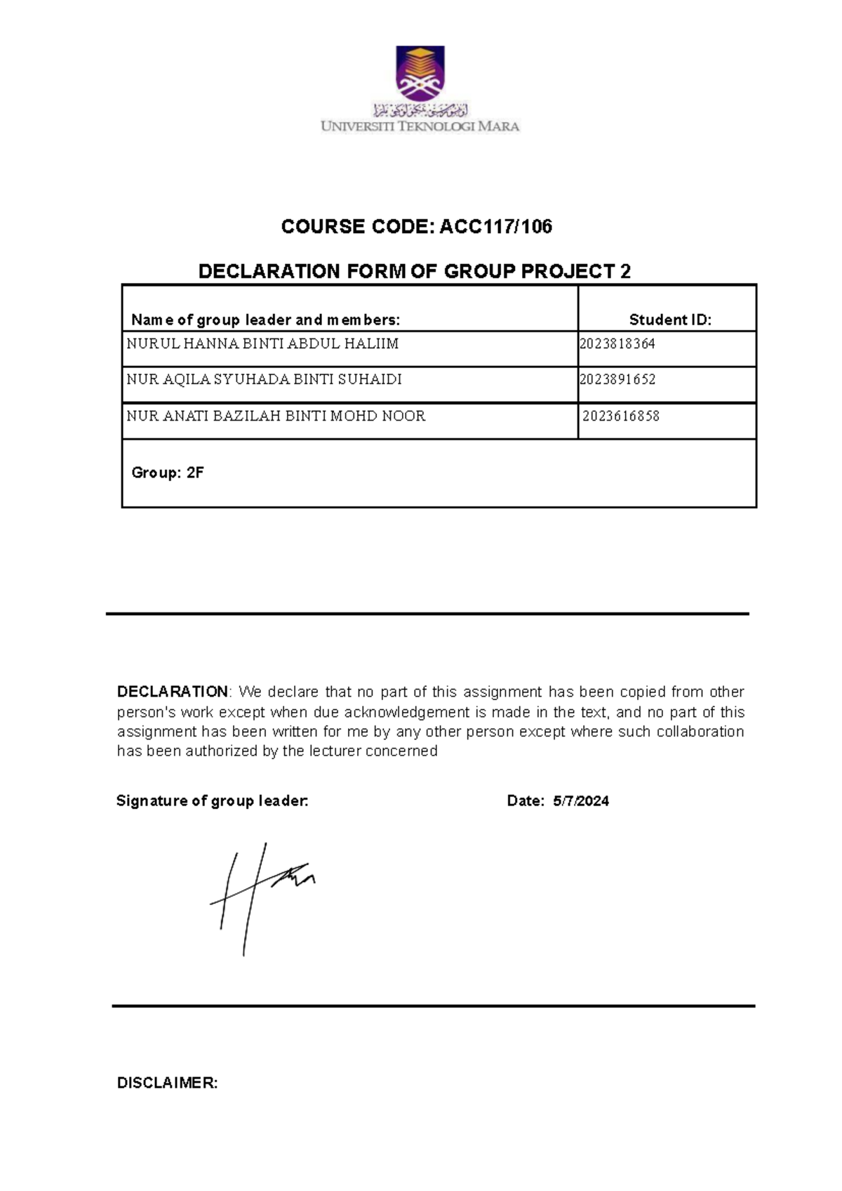 ACC117 - Group Project 2 - COURSE CODE: ACC117/ DECLARATION FORM OF GROUP PROJECT 2 Name of ...