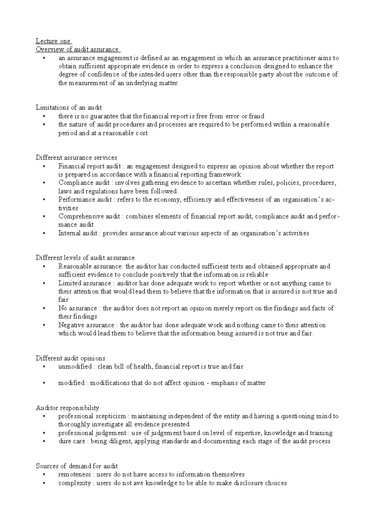 Auditing Lectures Lecture Notes 1 5 Lecture One Overview Of Audit Assurance • An Assurance