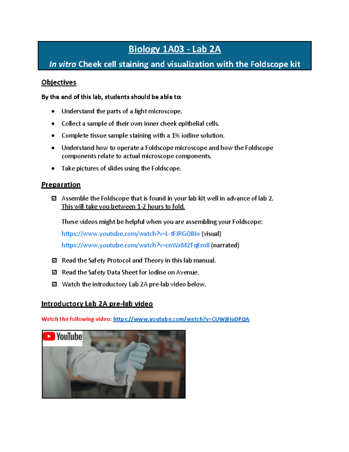 F2021 Lab 2A manual - idk - Biology 1A03 - Lab 2A In vitro Cheek cell ...