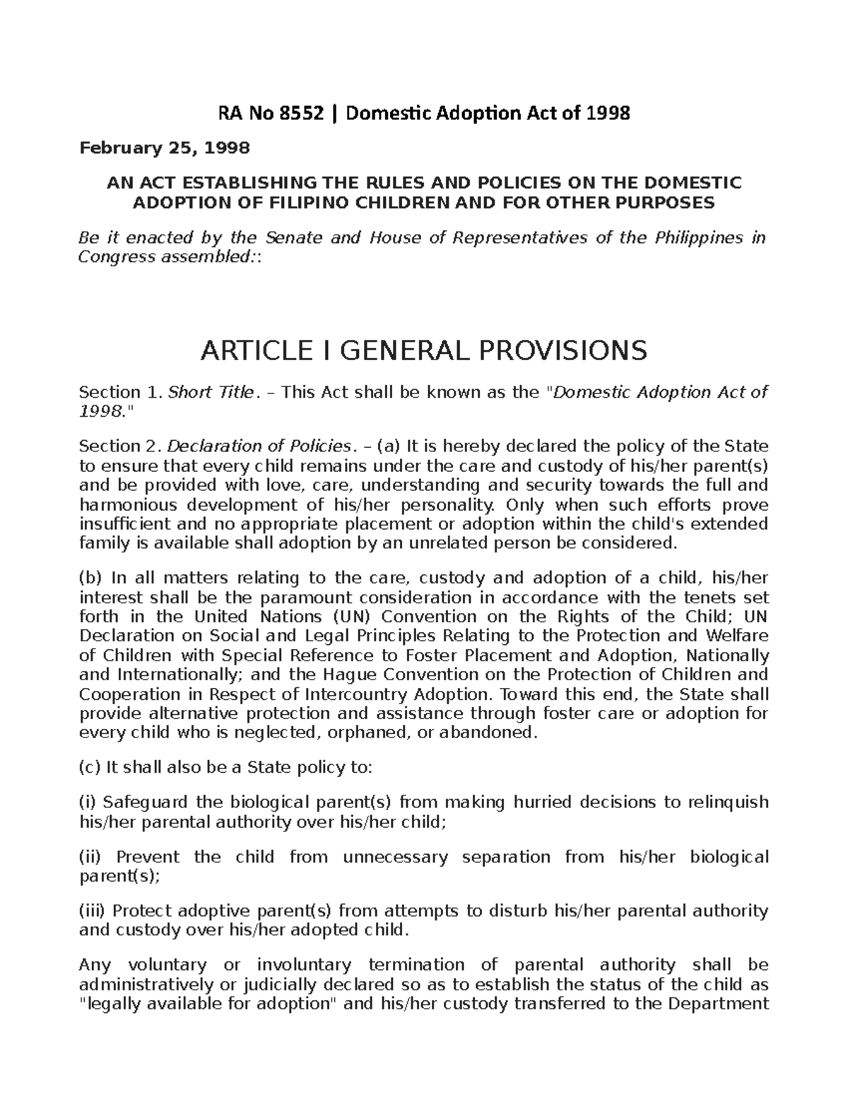 RA No 8552 Domestic Adoption Act of 1998 - RA No 8552 | Domestic ...
