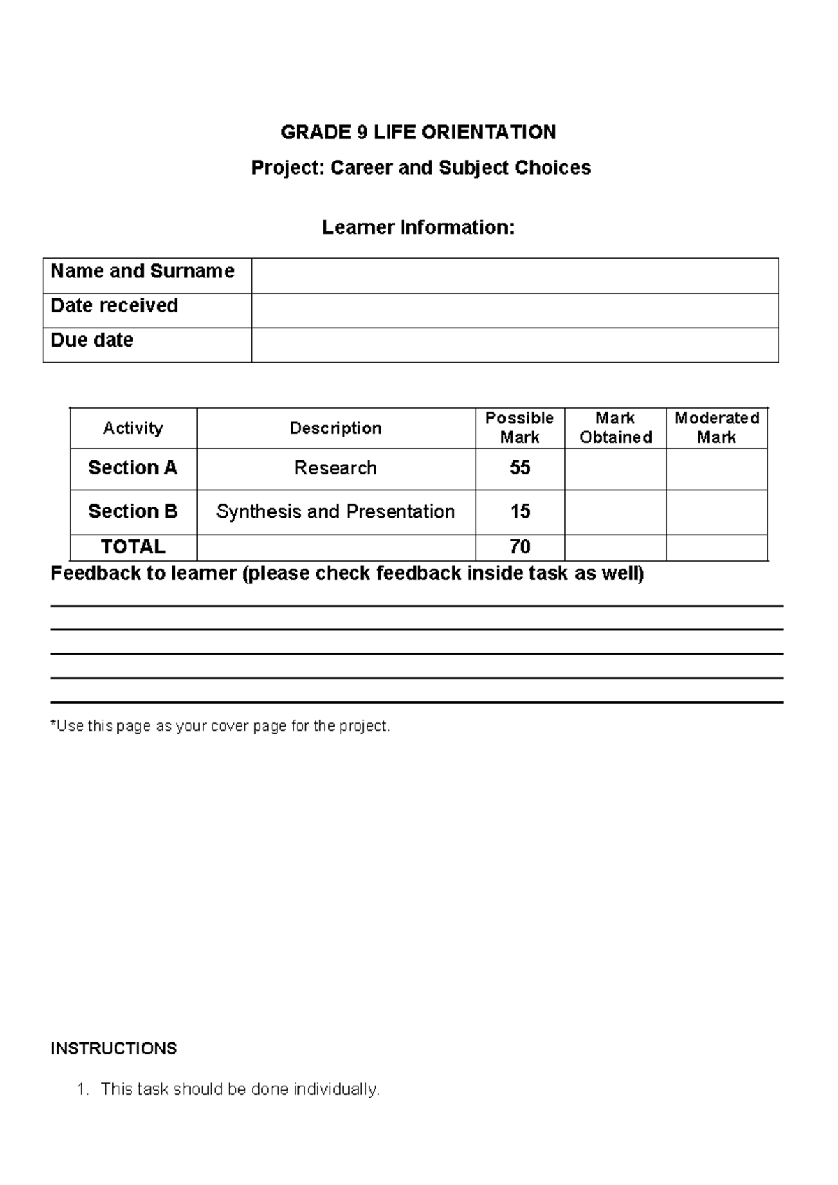 Grade 8 memo - Test - GRADE 9 LIFE ORIENTATION Project: Career and ...