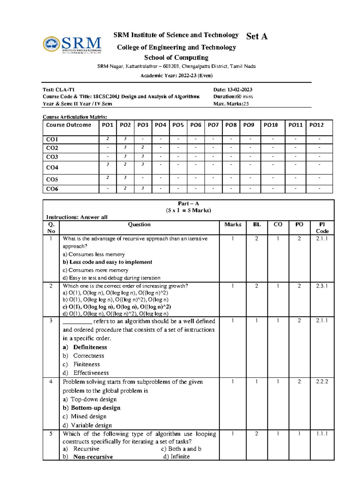 Ct 1 Set A Ans Key Asd Srm Institute Of Science And Technology Set A College Of