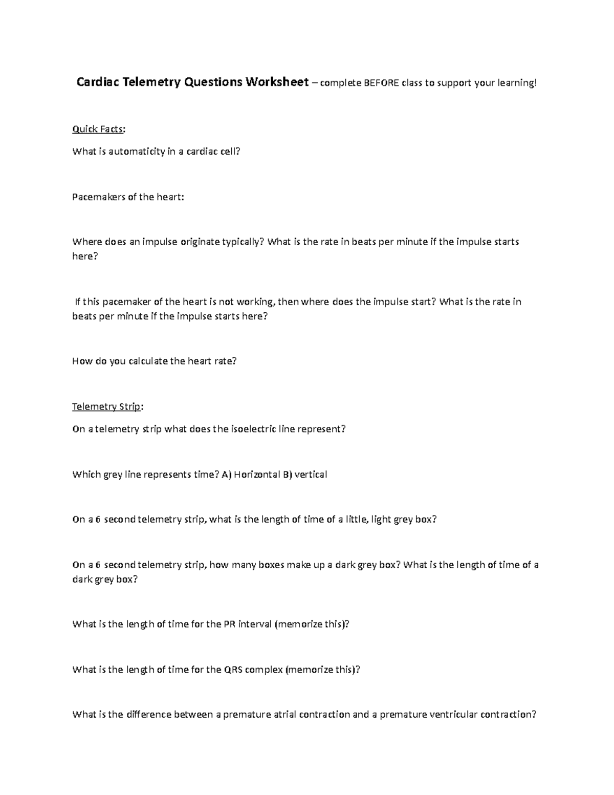 Cardiac Questions - Cardiac Telemetry Questions Worksheet – complete ...