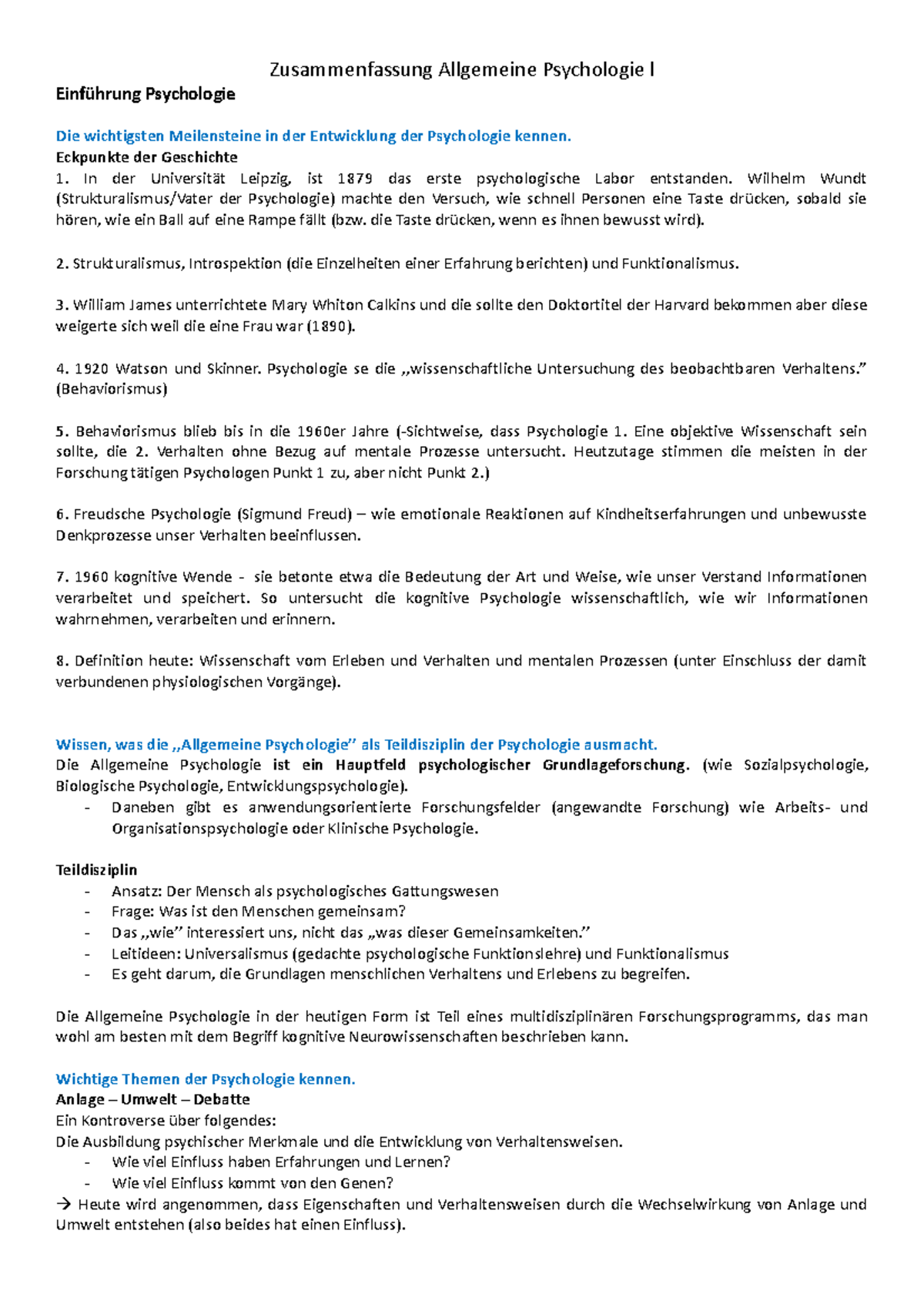 Allgemeine Psychologie l Zusammenfassung - Einführung Psychologie Die wichtigsten Meilensteine ...
