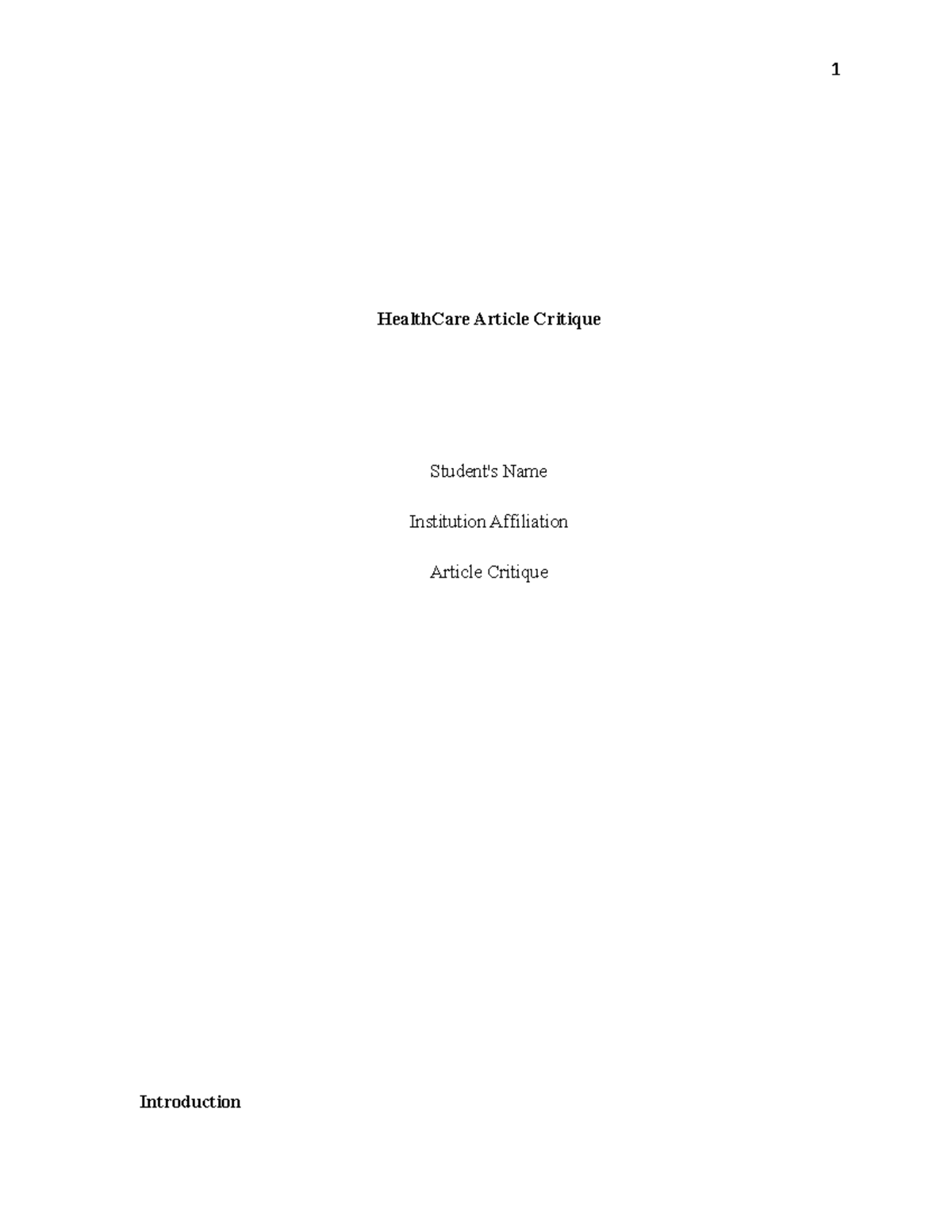 Article Critique - A course work for students - HealthCare Article ...