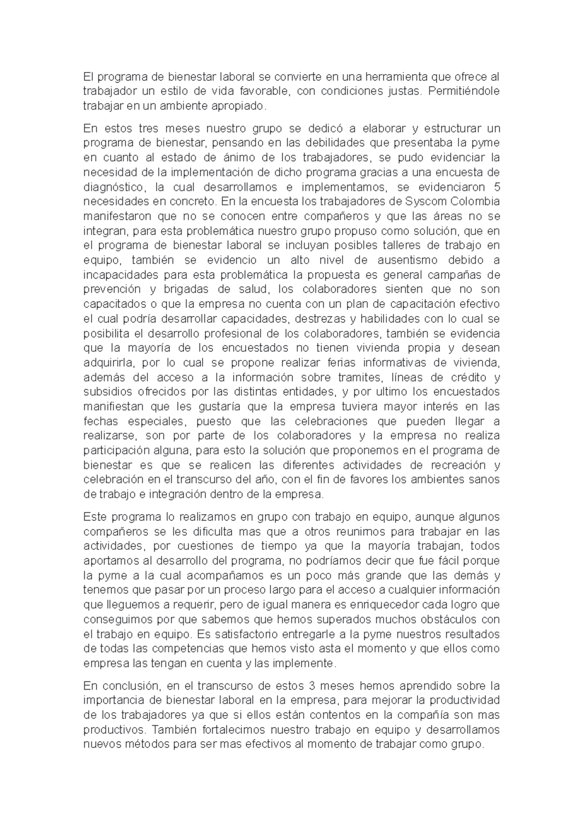 Ensayo bienestar 6 trimestre - El programa de bienestar laboral se ...