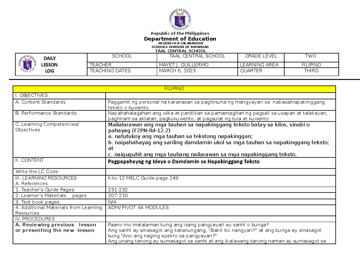 DLL- Filipino- March. 6, 2023 - Republic of the Philippines Department ...