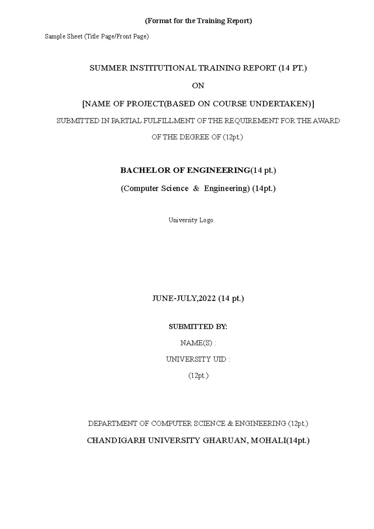 Format of Training Report - (Format for the Training Report) Sample ...