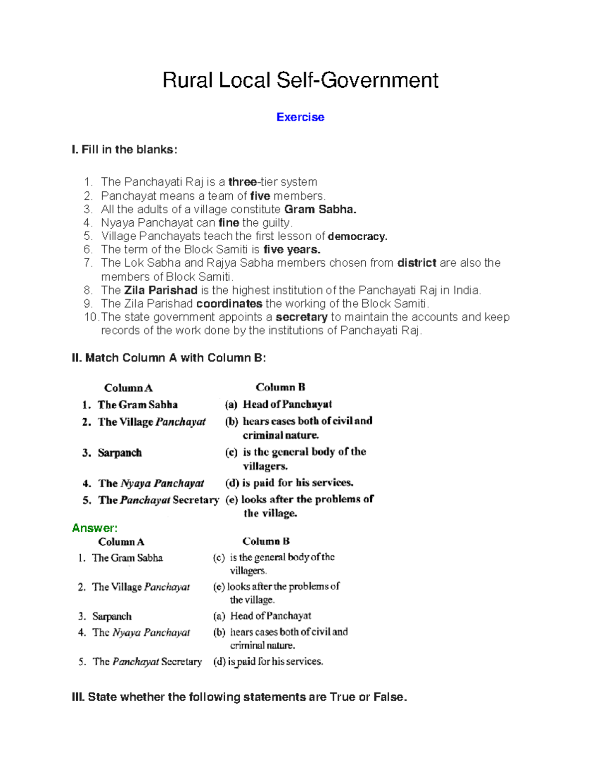 Rural Local Self Government - ncertbooksolutions Exercise I. Fill in ...