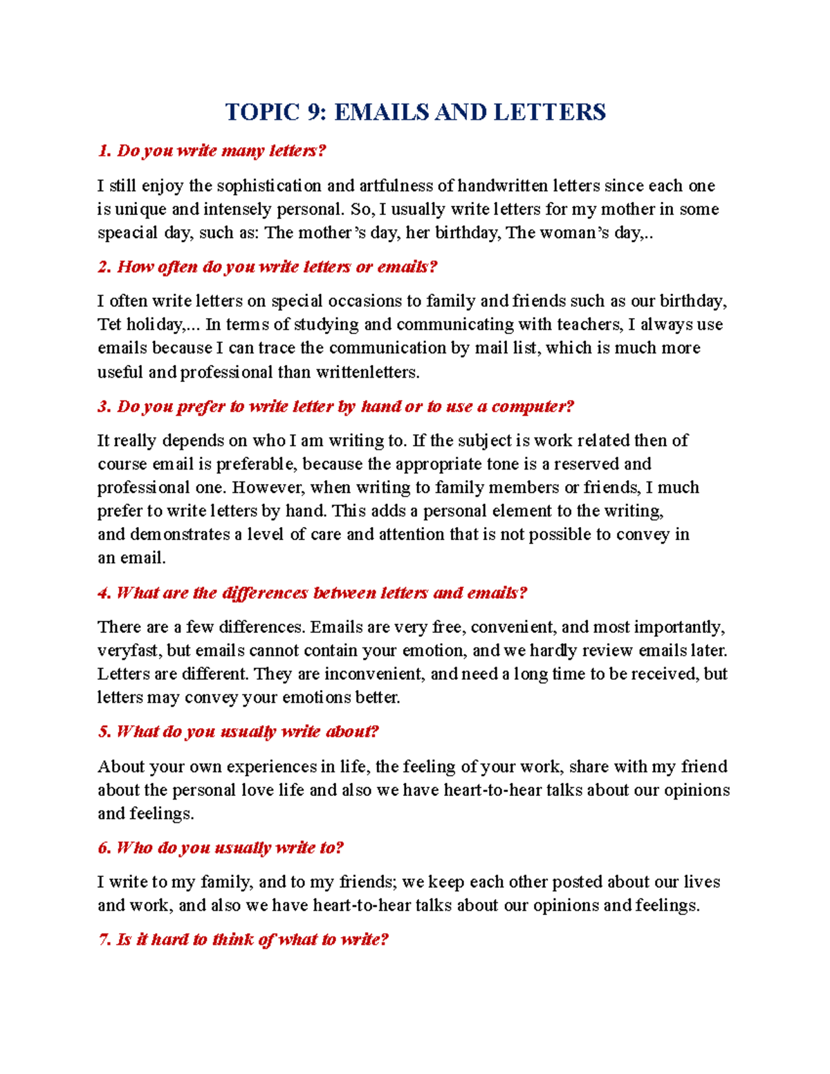 Topic 9 - TOPIC 9: EMAILS AND LETTERS 1. Do you write many letters? I ...